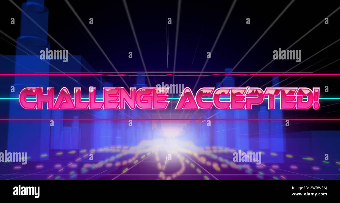 Image of challenge accepted text banner over light trails against 3d ...