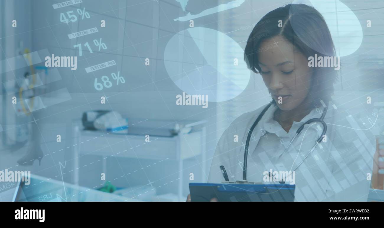 Image of graphs and infographic interface, diverse female doctors ...