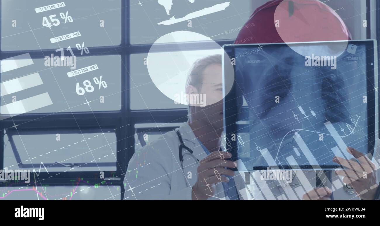 Image of infographic interface over caucasian doctors discussing ...