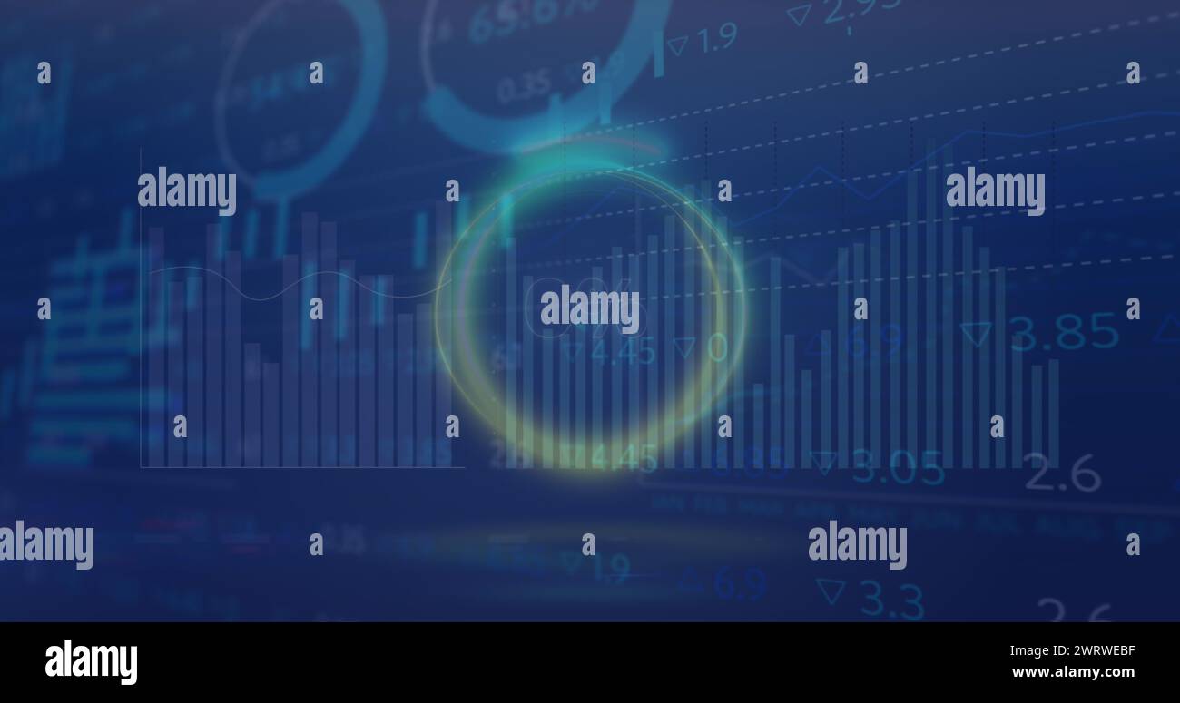 Image of illuminated circles over multiple graphs, loading circles and trading board Stock Photo ...
