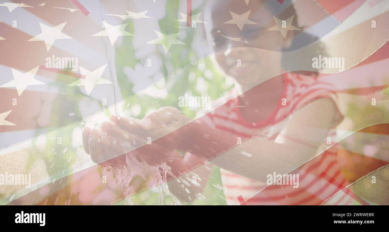 Image of flag of united states of america over african american girl ...