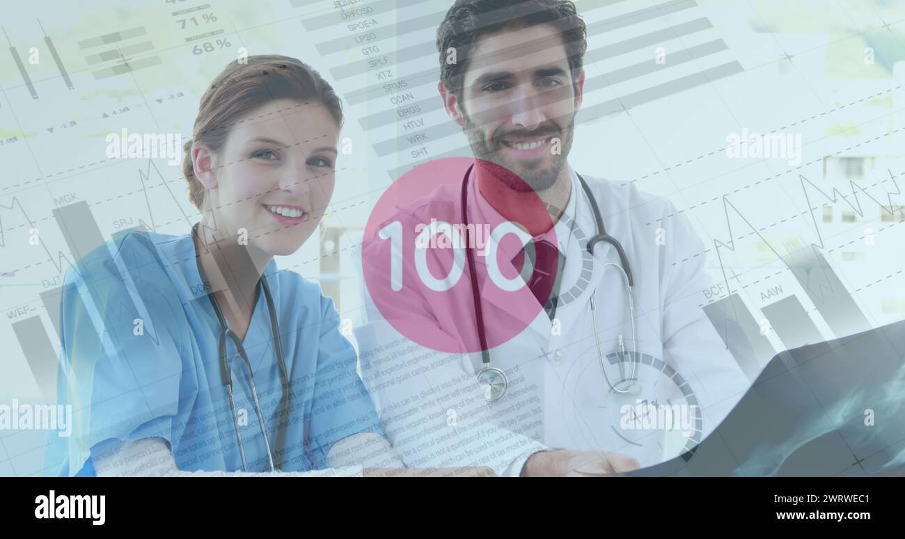 Image of infographic interface, changing numbers in circle, caucasian ...