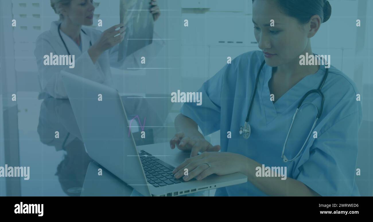 Image of data processing over two diverse female doctors Stock Photo ...