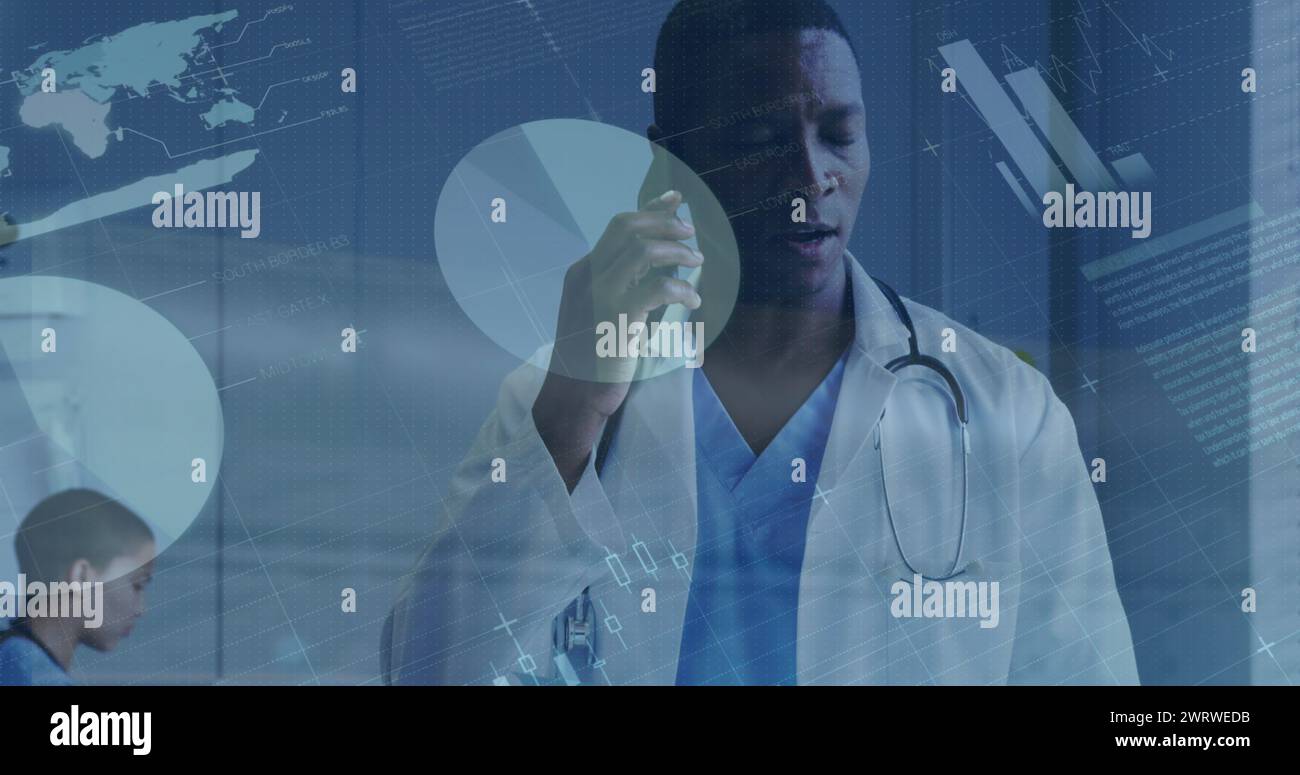 Image of infographic interface, angry african american doctor talking ...