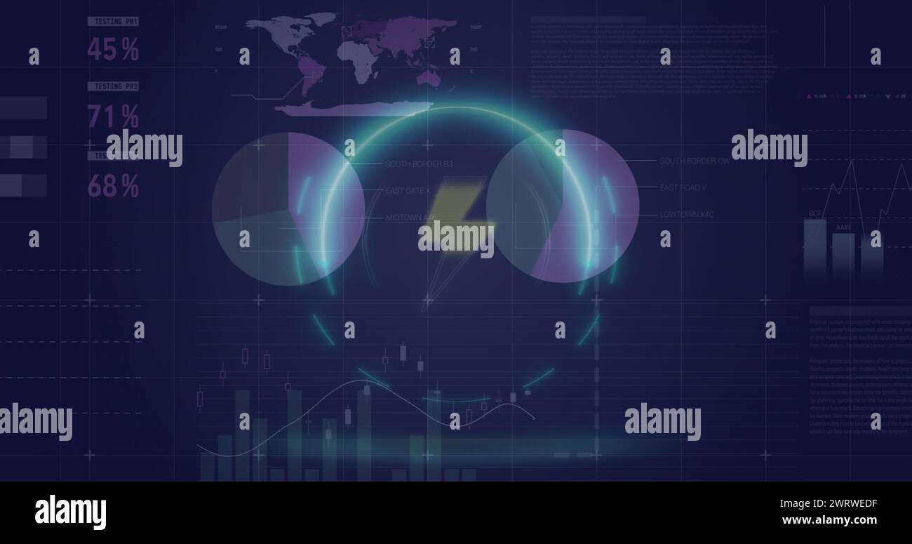 Image of thunder icon in circles over infographic interface against ...