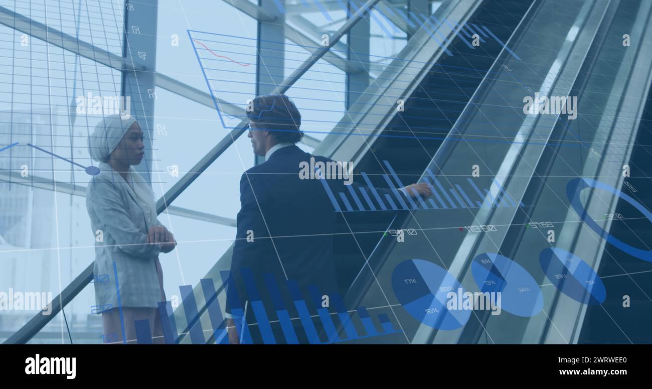 Image of data processing over diverse business people talking Stock ...
