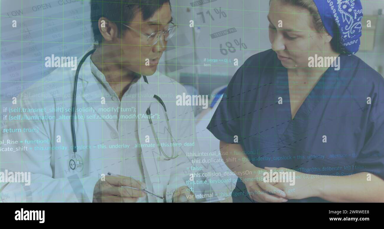 Image of infographic interface, computer language, diverse doctors and ...
