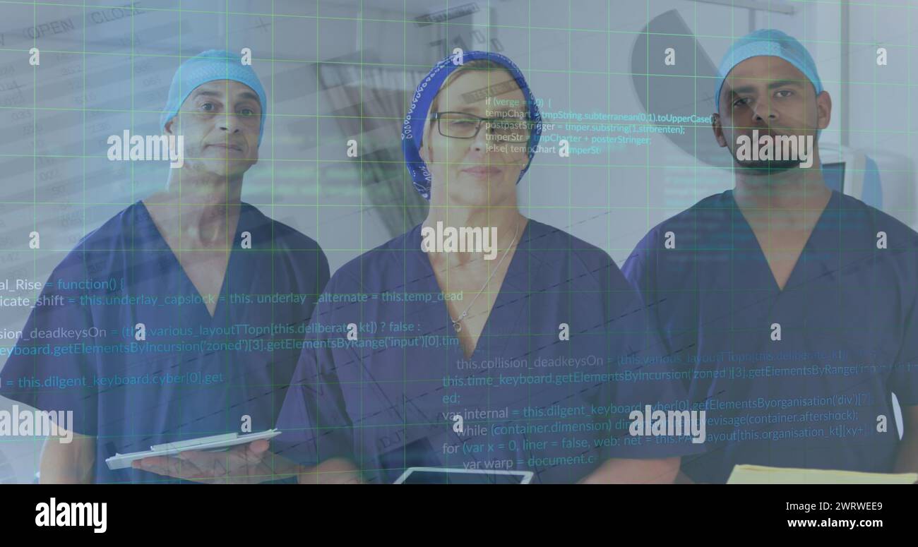 Image of computer language and infographic interface over diverse ...