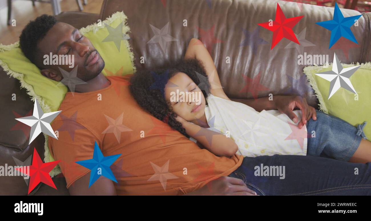 Image of red, blue and white stars over african american father and ...