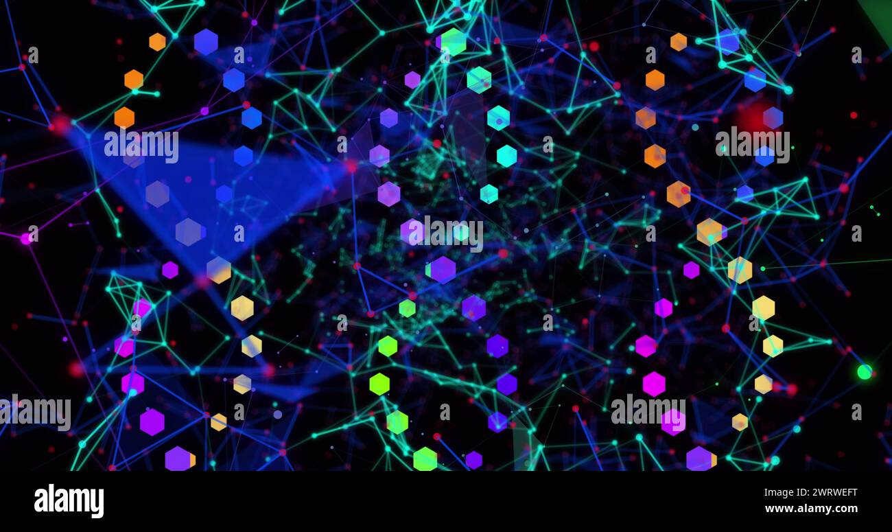 Image of networks of connections and dna strands spinning. Global ...