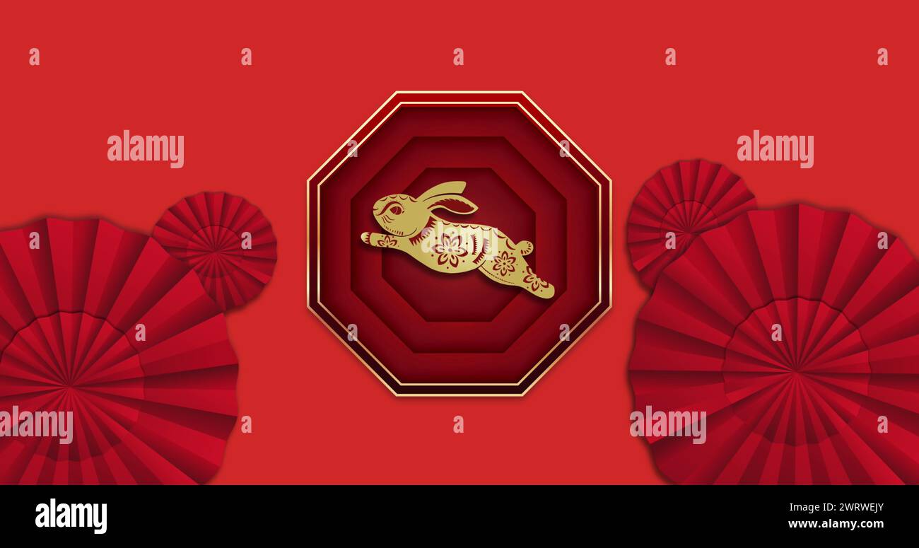 Image of chinese pattern and rabbit year decoration on red background ...