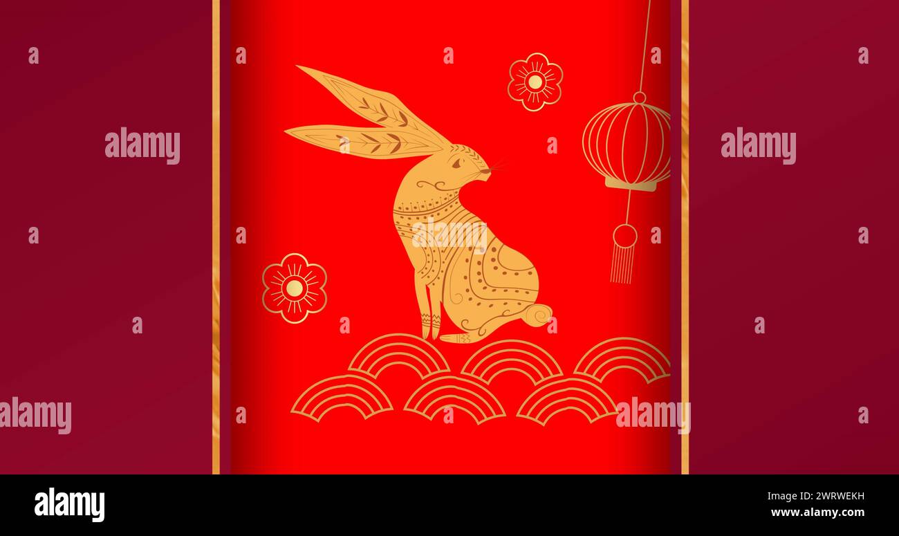 Image of chinese pattern and rabbit year decoration on red background ...