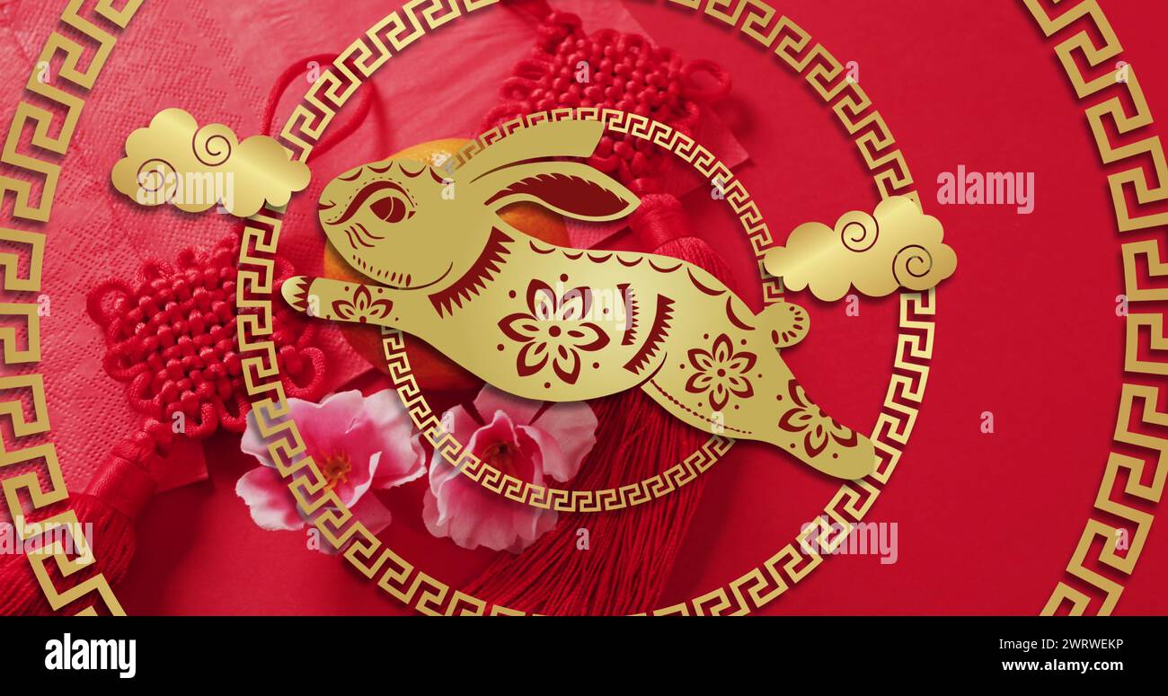 Image of chinese pattern and rabbit year decoration on red background ...