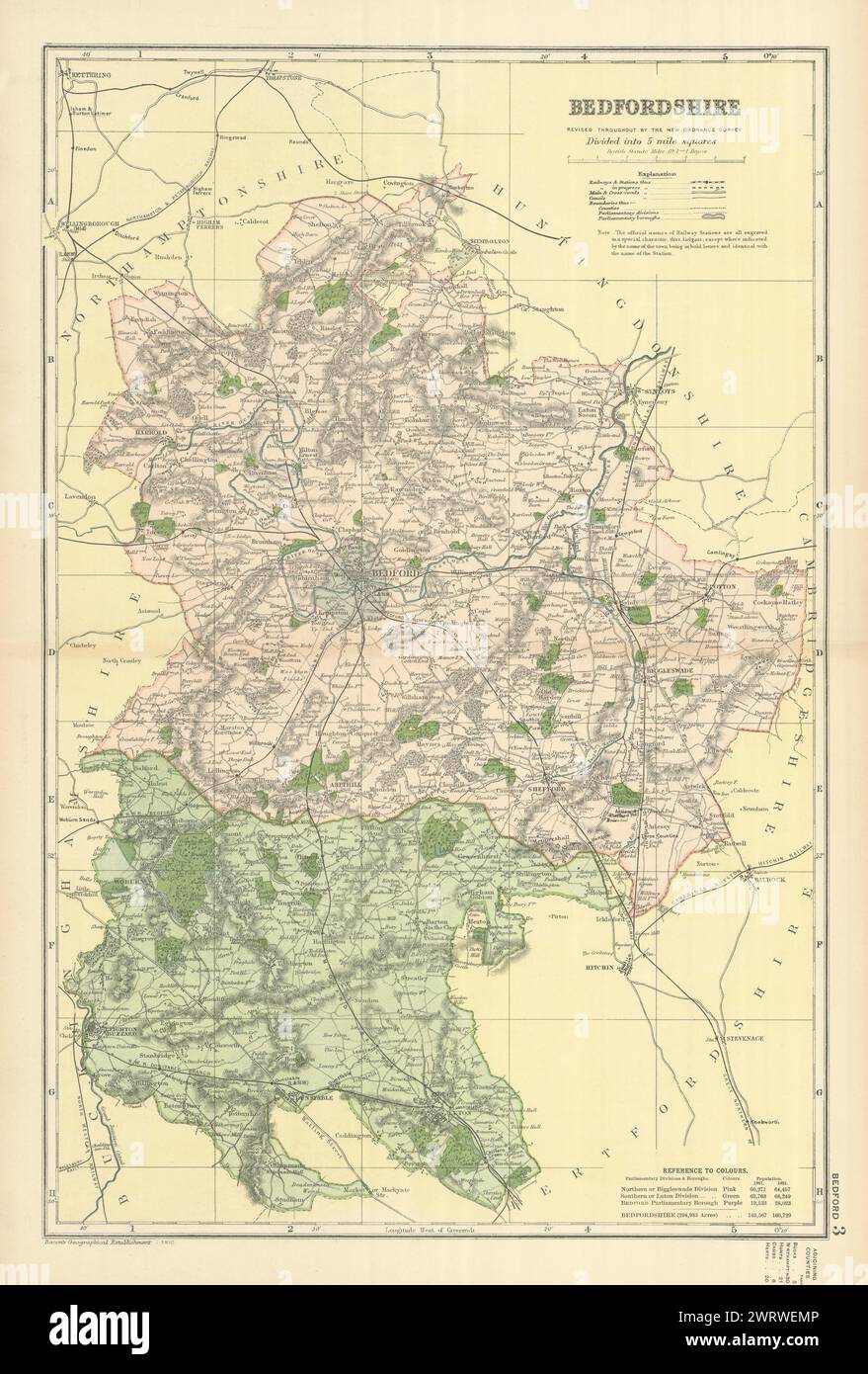 BEDFORDSHIRE antique county map by GW BACON 1898 old plan chart Stock ...