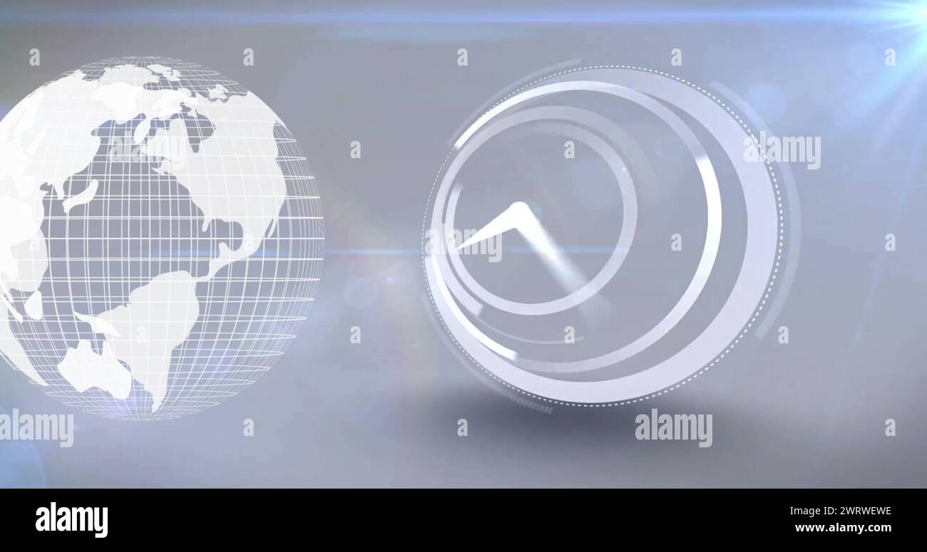 Image of a globe spinning with a fast moving clock on a grey background ...