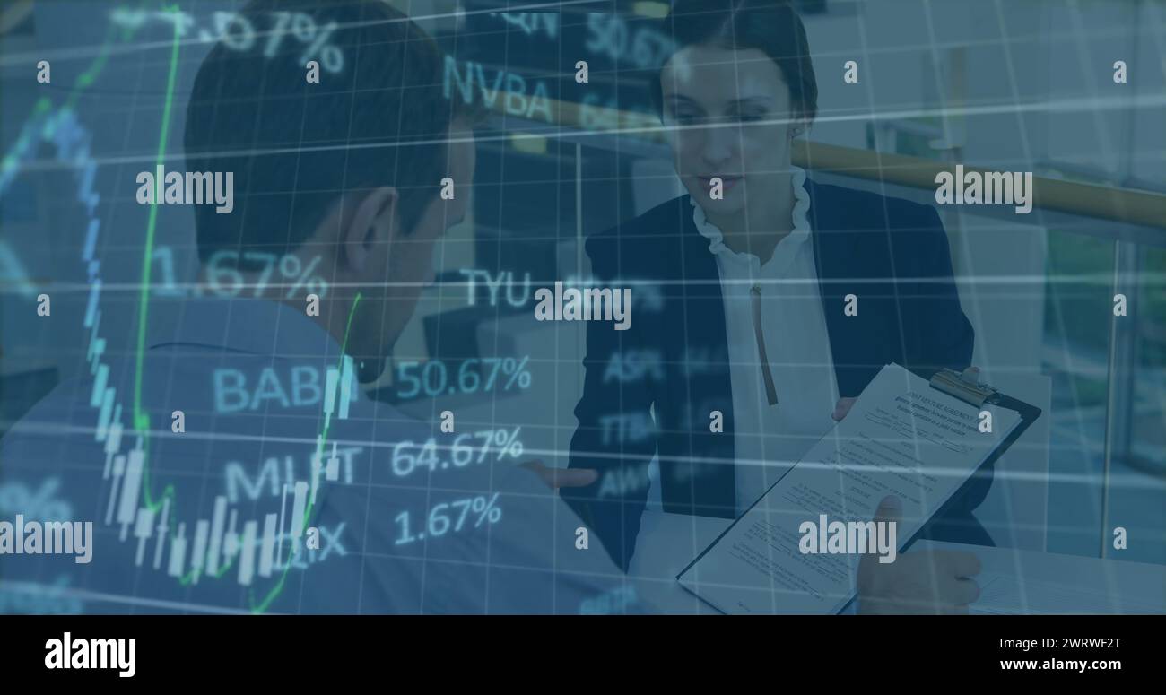Image of financial data processing and stock market over diverse ...