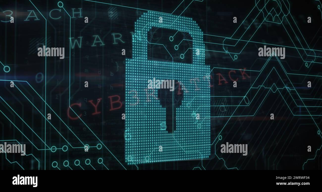 Security padlock icon and cyber security data processing against microprocessor connections ...