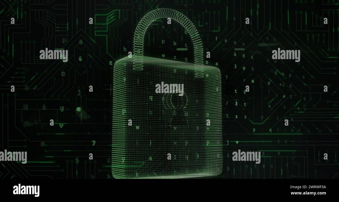 Brain Spinning Over Security Padlock Icon Against Microprocessor Connections On Green Background