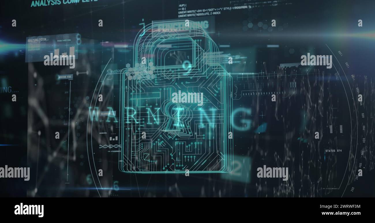 Security padlock icon and cyber security data processing against network of connections. cyber ...