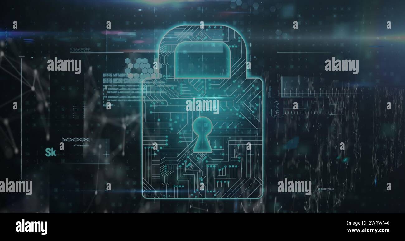 Security Padlock Icon And Cyber Security Data Processing Against Network Of Connections Stock