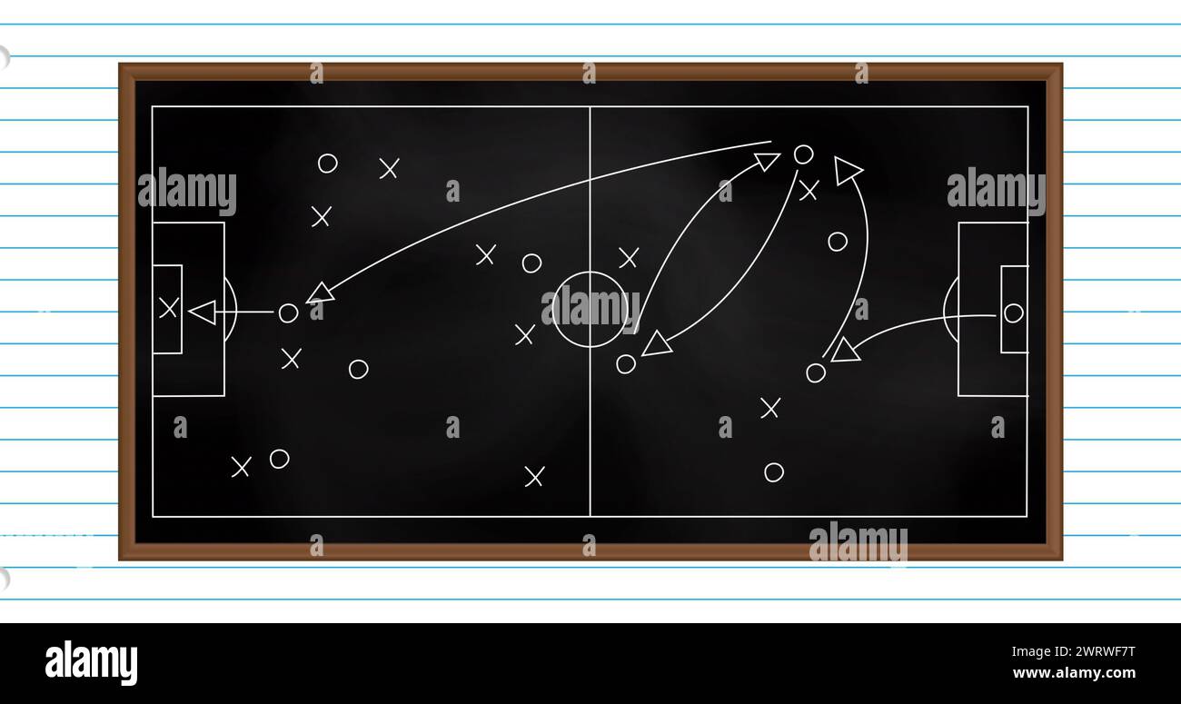 Image of football game strategy drawn on black chalkboard against white ...