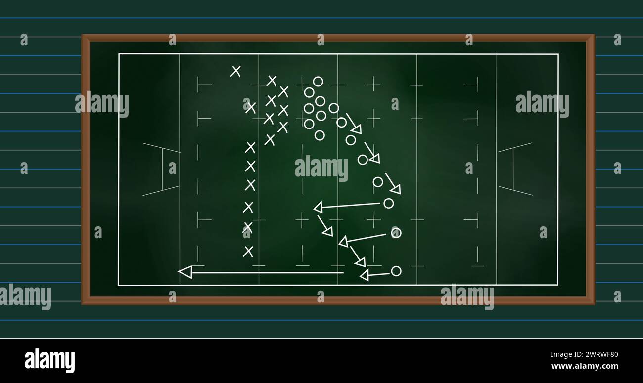 Image of football game strategy drawn on green chalkboard against green ...