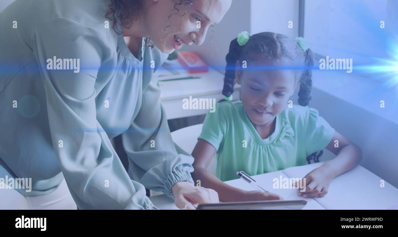 Image of network of connections over happy diverse teacher and students ...