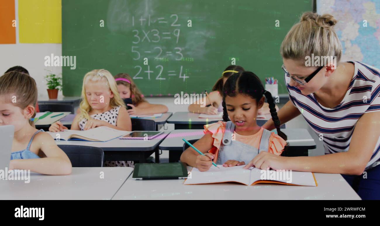 Image of data processing over caucasian female teacher with diverse ...
