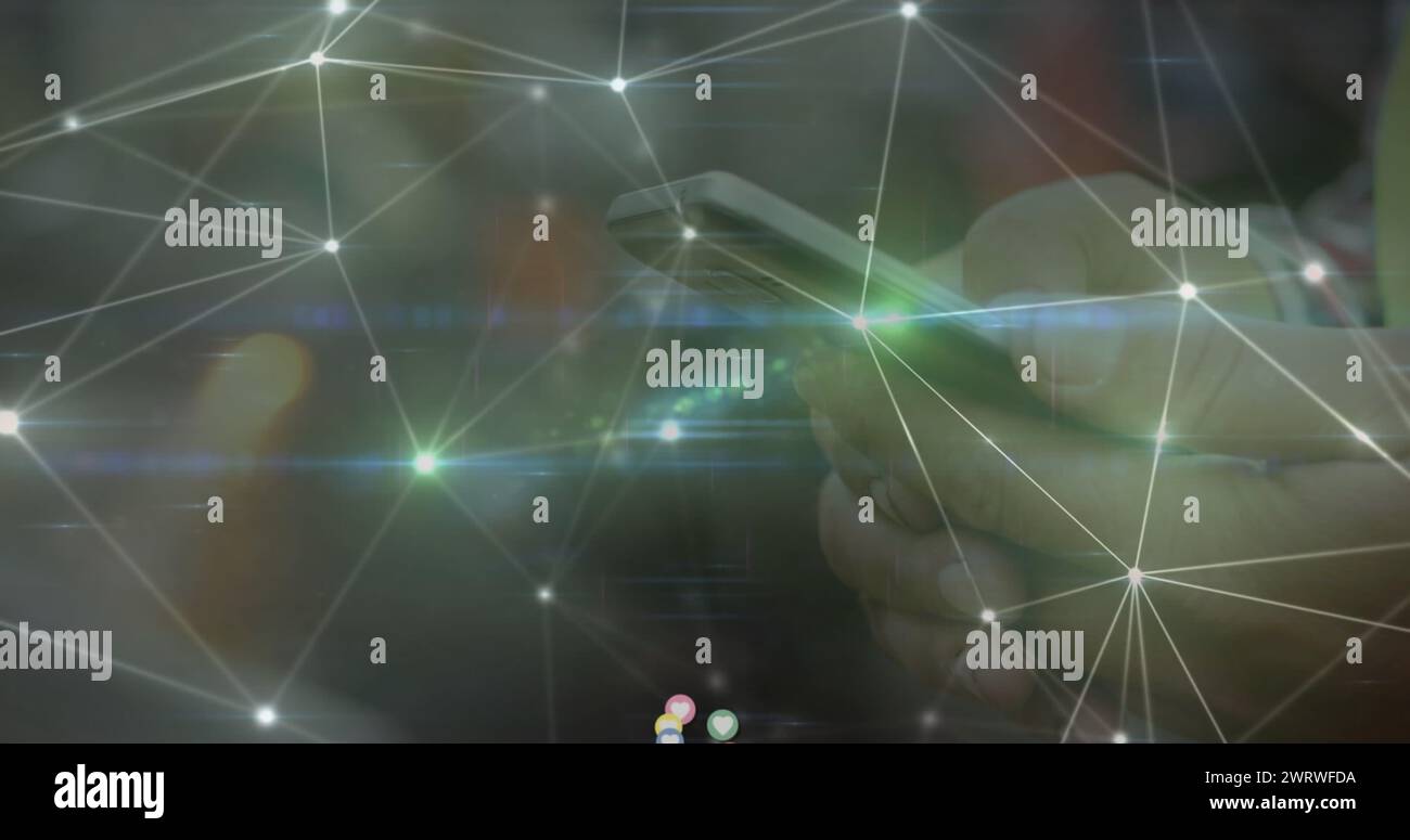 Image of network of connections with icons over glowing pink light and ...