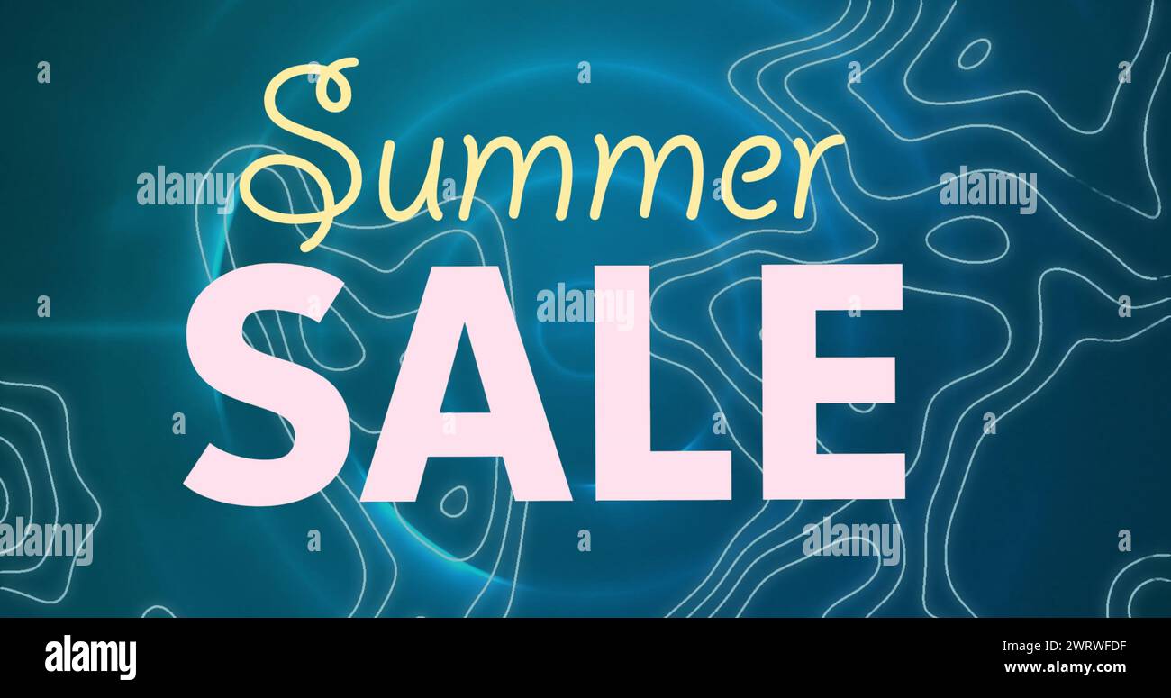 Image of summer sale text in yellow and pink letters over white map ...