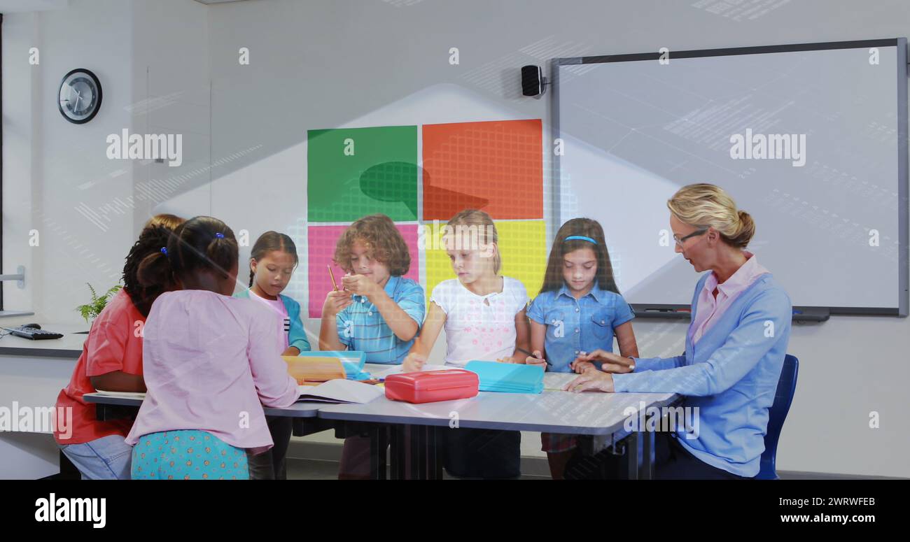 Image of data processing and padlock over caucasian female teacher with ...