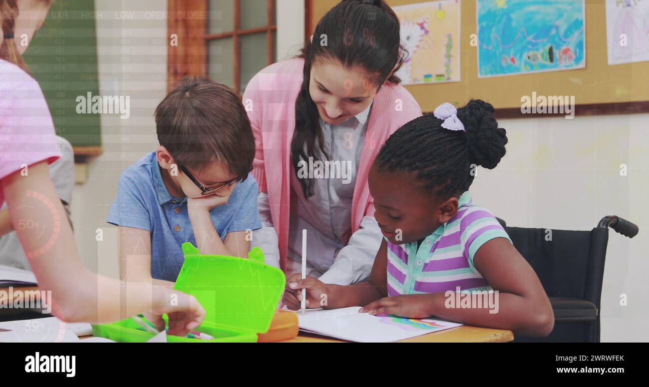 Image of data processing over caucasian female teacher with diverse ...