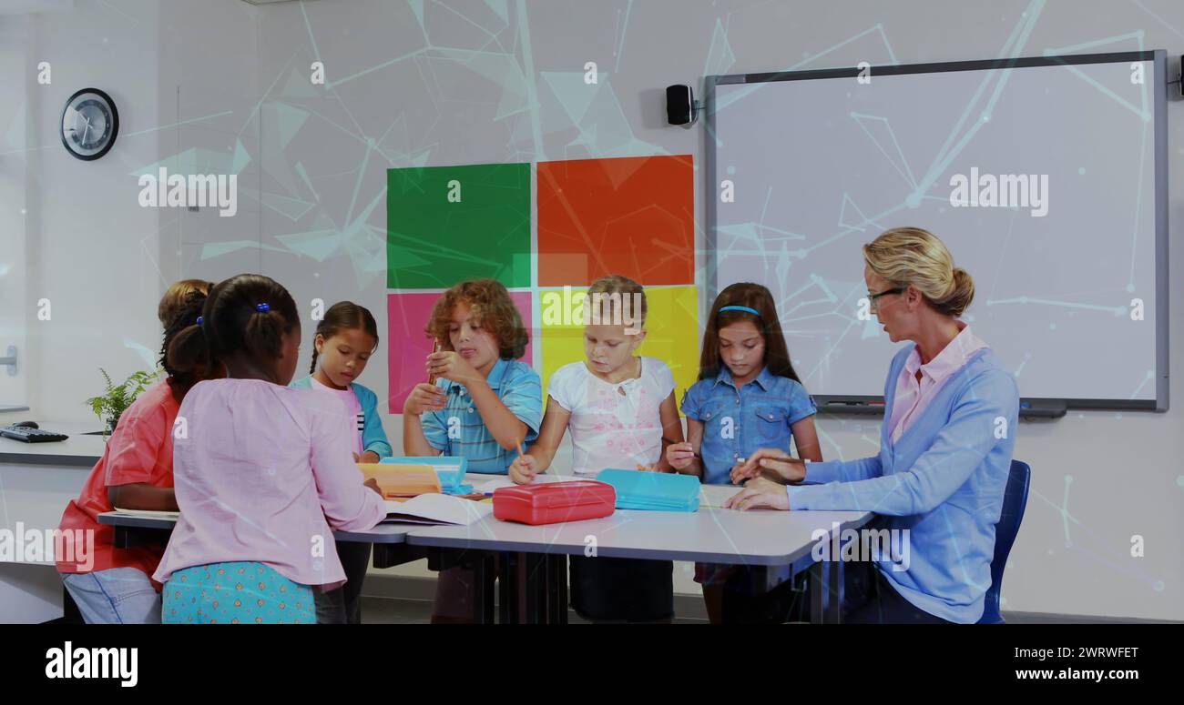 Image of shapes moving over caucasian female teacher with diverse ...