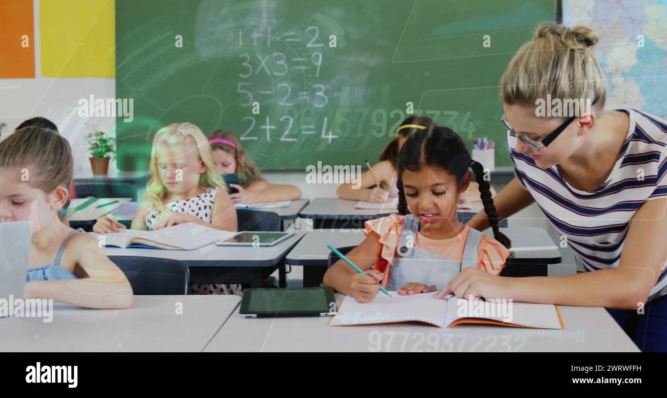 Image of data processing over caucasian female teacher with diverse ...