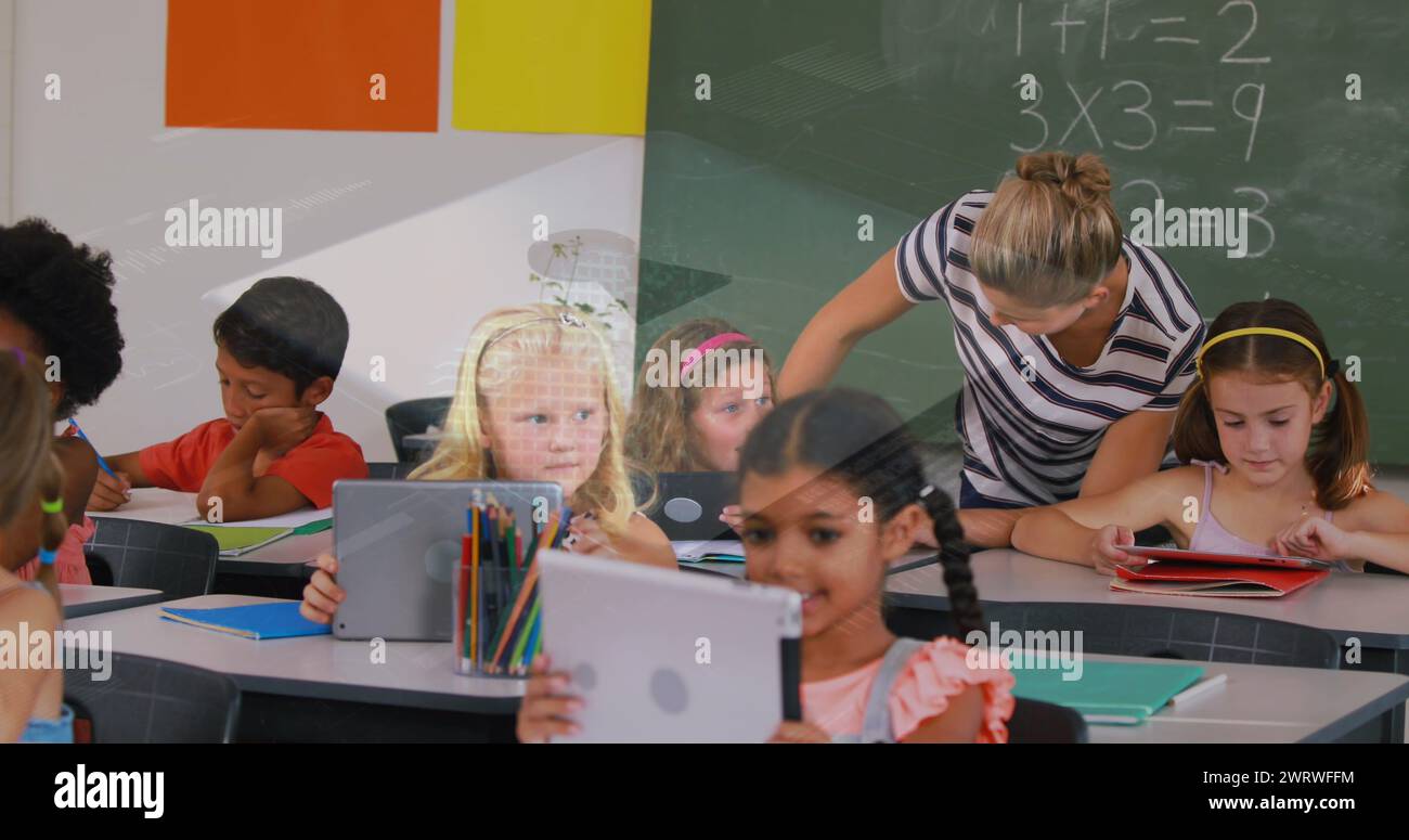 Image of data processing and padlock over caucasian female teacher with ...