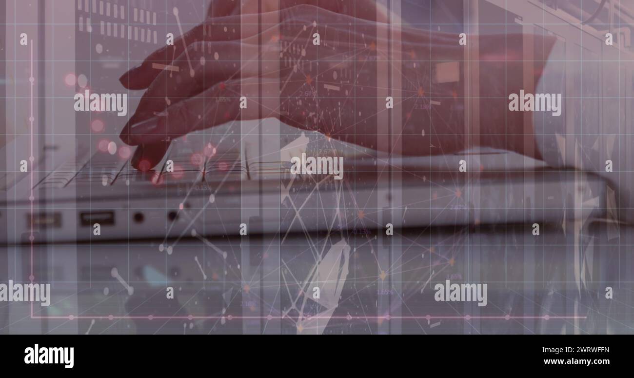 Image of network of connections over server room and hands typing on keyboard. Global ...