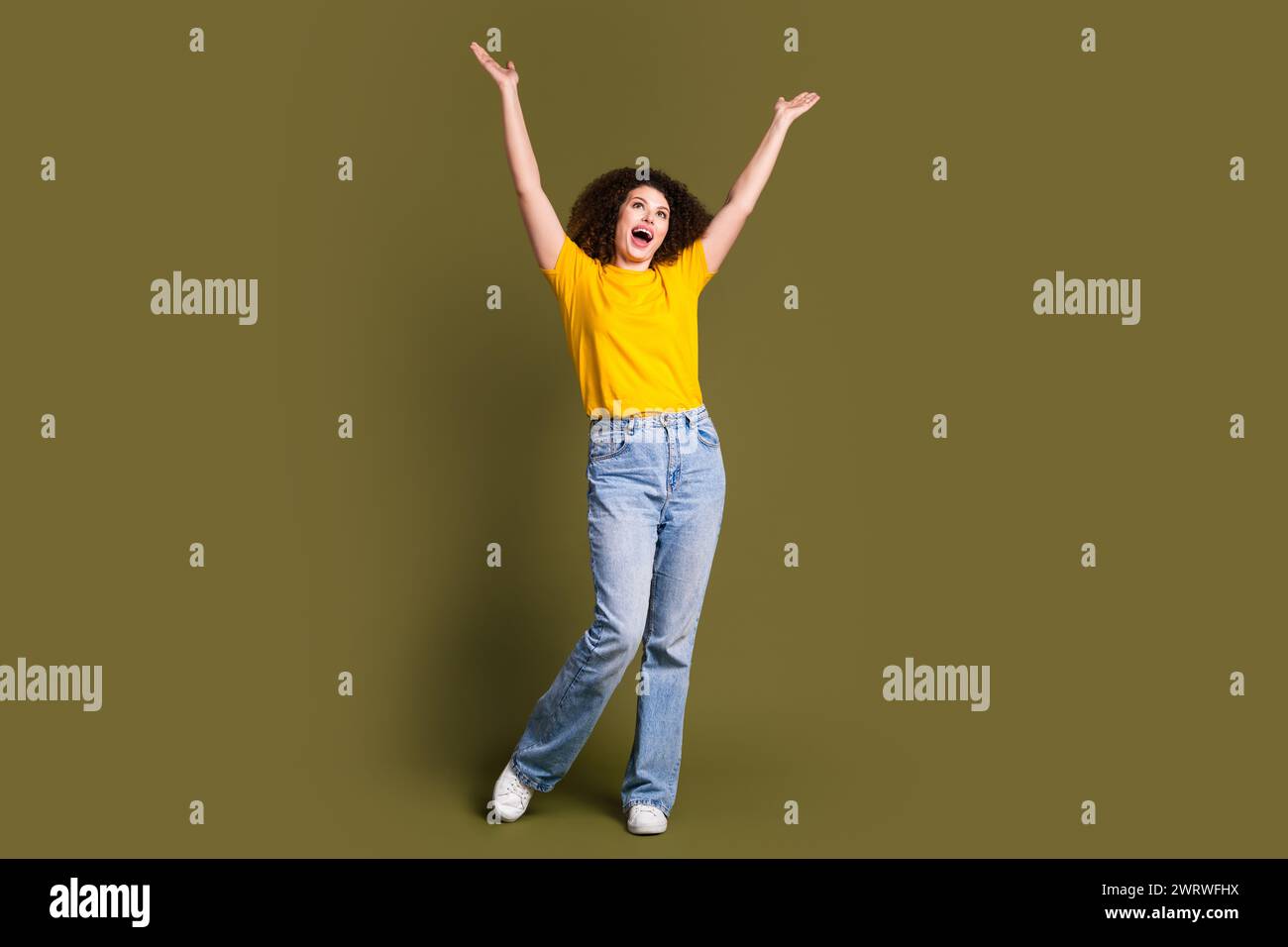 Full length size photo of young overjoyed woman throwing objects up ...