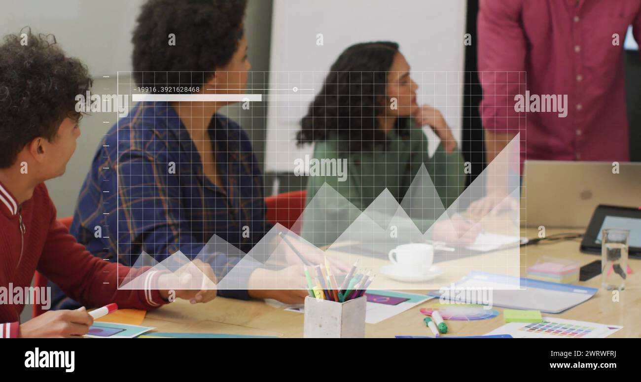 Image of financial data processing over diverse business people in ...