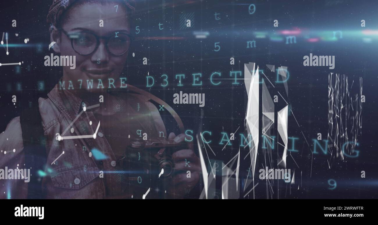 Image of cyber attack warning and data processing over female photographer Stock Photo - Alamy