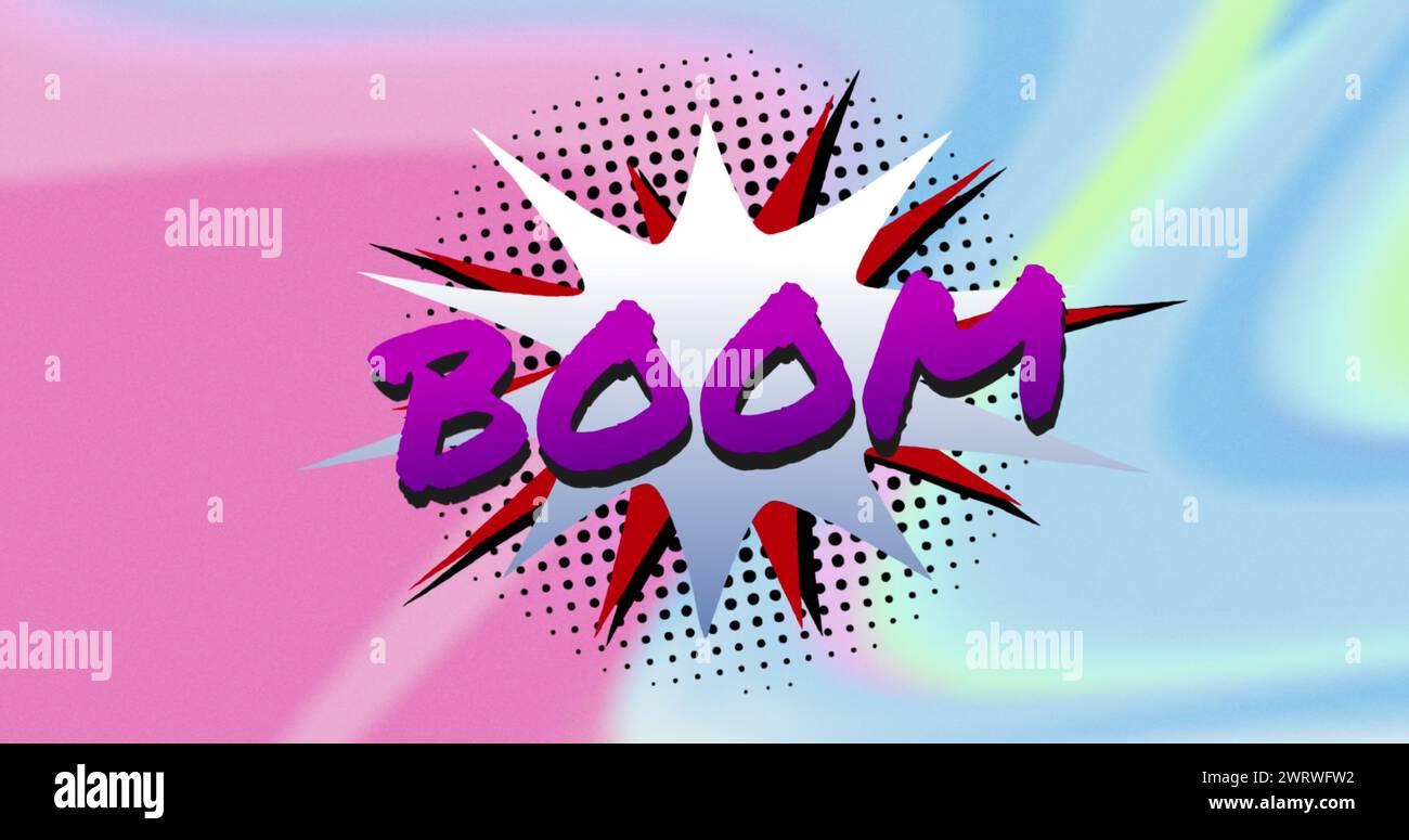 Image of boom text in purple letters in retro speech bubble over multi ...