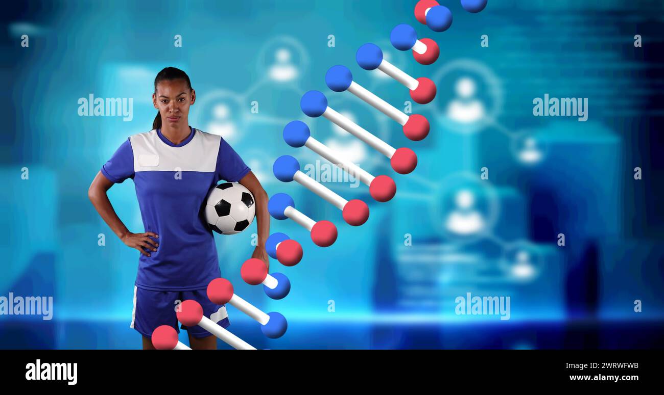 Image of dna strand over female football player holding ball Stock ...
