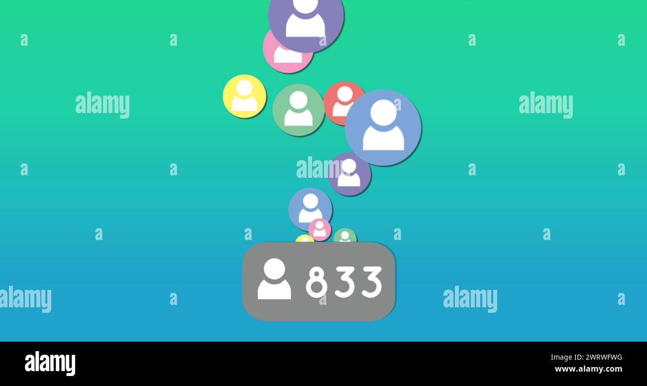 Digital image of multiple floating coloured human icons above an increasing number of followers ...