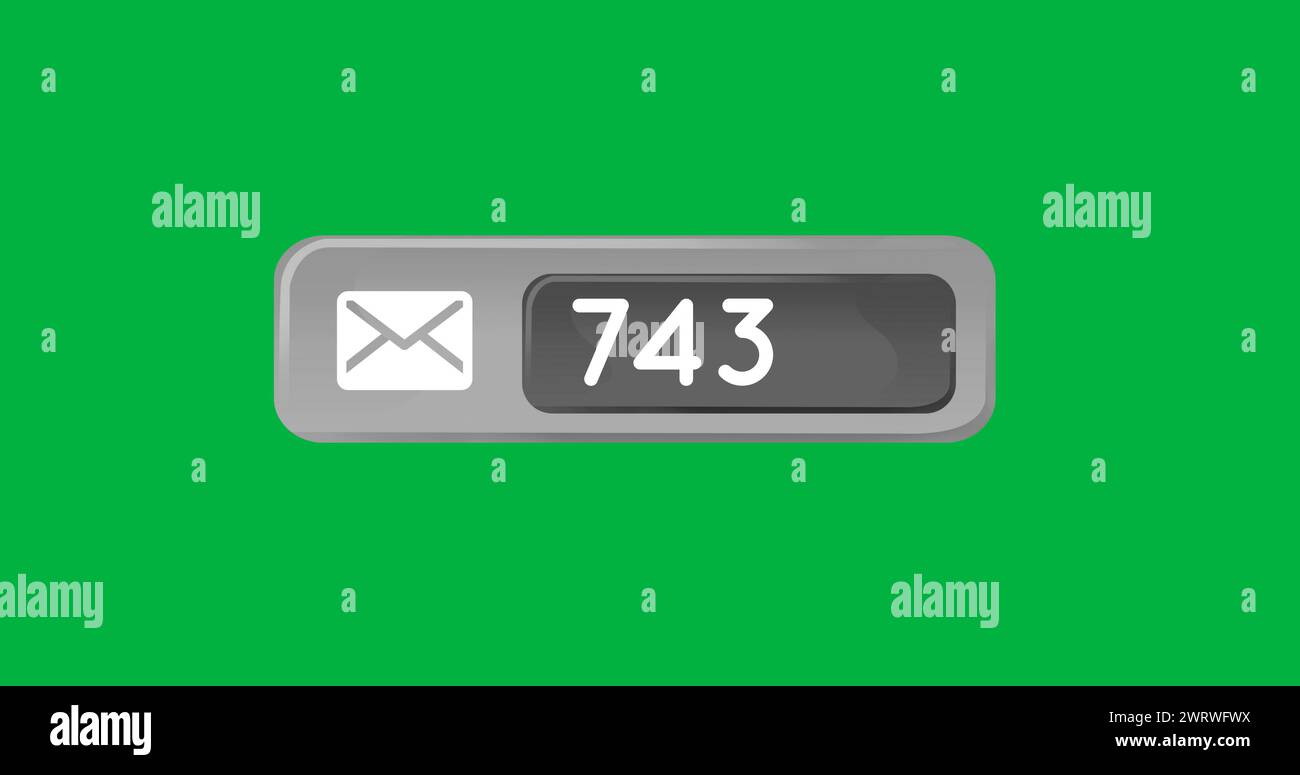 Digital image of a message icon and increasing number inside a grey box ...