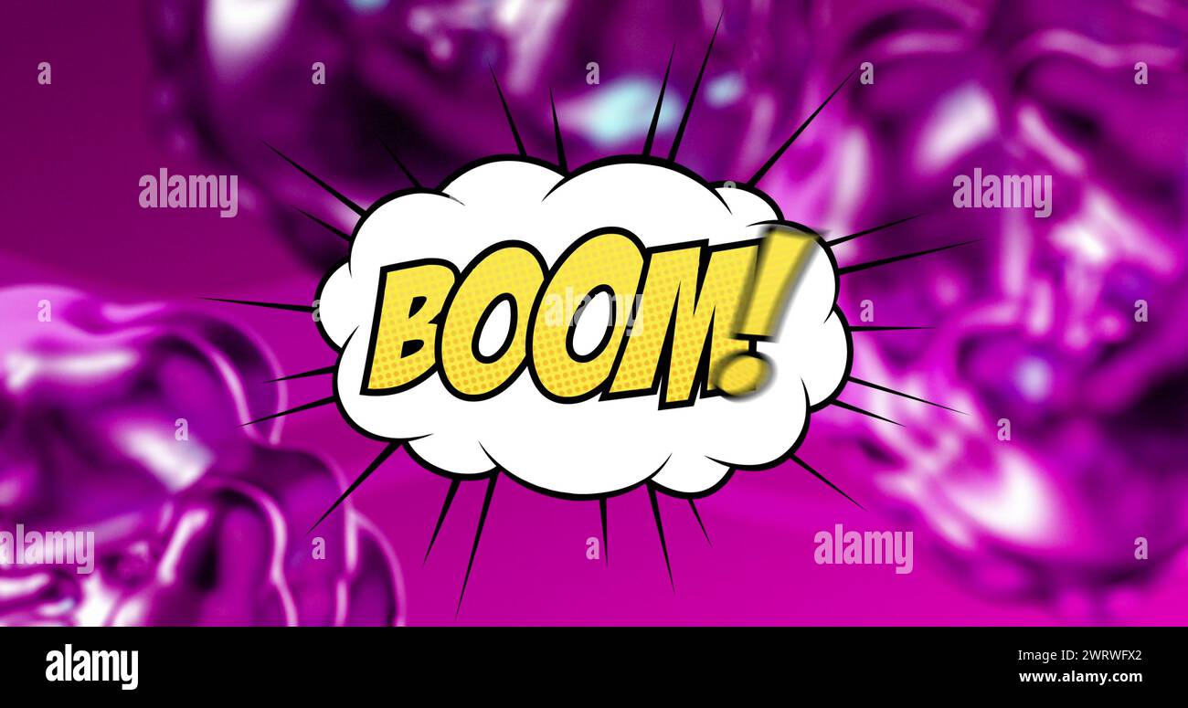 Image of boom text in yellow letters in retro speech bubble over ...