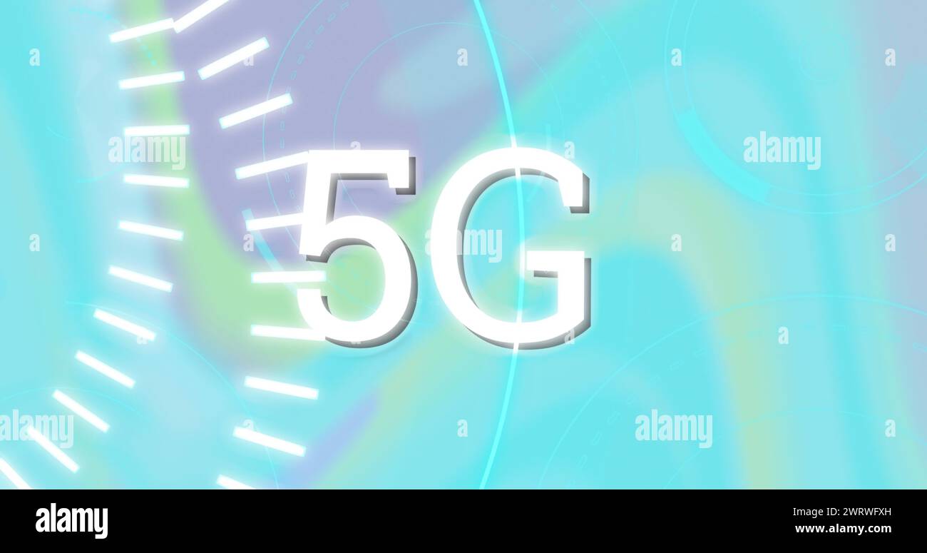 Image of 5g text over circles spinning and glowing blue and purple ...