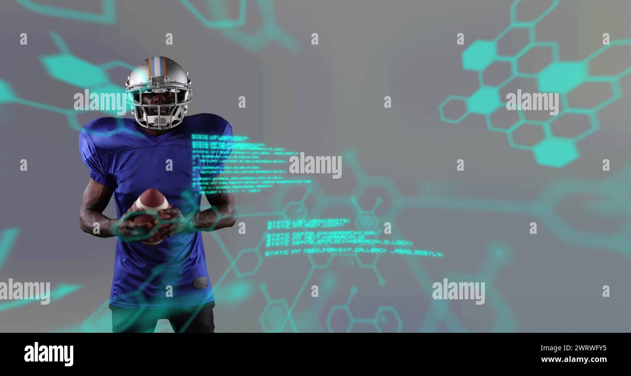 Image of chemical structures over male american football player holding ...