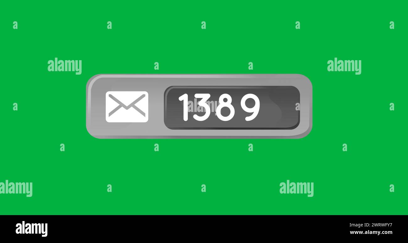 Digital image of a message icon and increasing number inside a grey box ...