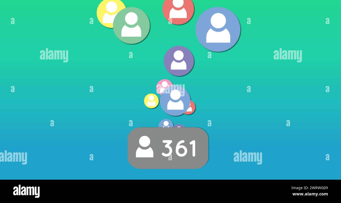 Digital image of multiple floating coloured human icons above an ...