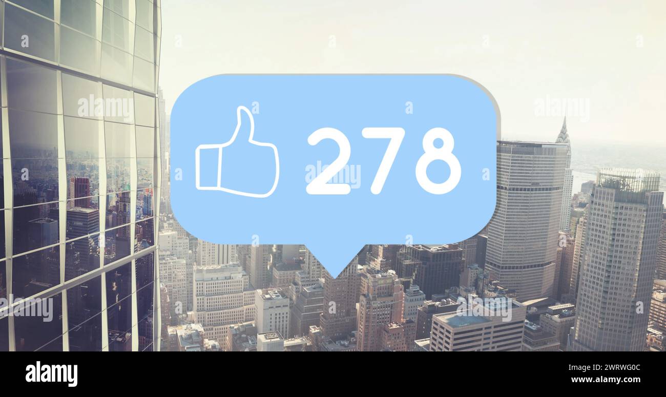 Digital image of a like icon with increasing numbers inside a blue chat ...