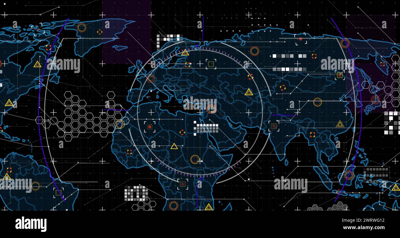 Image of scope, markers and data processing over world map Stock Photo - Alamy